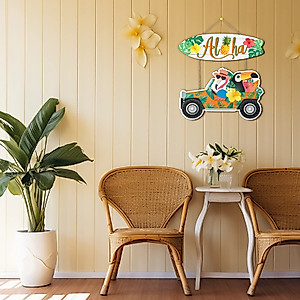 POILKMNI Hawaii Summer Door Wooden Sign Surfboard Aloha Signs Hanger Tropical Welcome Hanging for Front Porch Bedroom Living Room Kitchen Home Wall Decor Green/Yellow/White