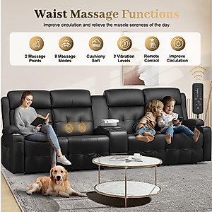 Recliner Sofa, Massage Reclining 4 Seater Sofa Sets Heavy Weight Capacity, RV Loveseat Couch Clearance with Console, USB, Type C Port, Storage, Cup Holders, Wall Hugger Chair for Living Room, Black
