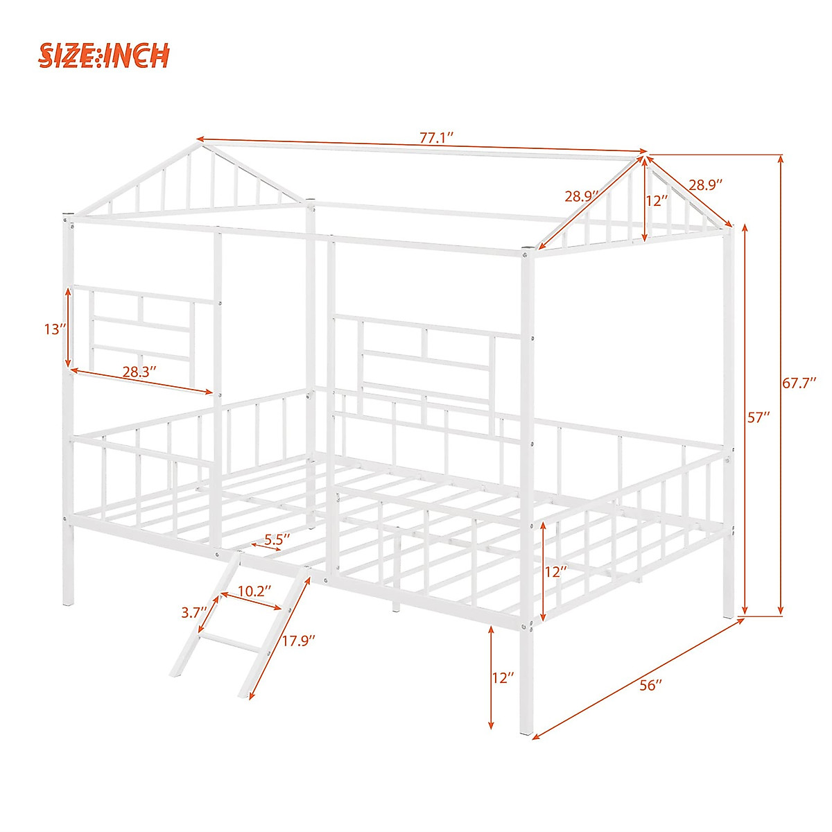 Full House Bed with Fence Railings Metal Cabin Bed Frame with Ladder Child Fun Tent Beds for Toddler Kids Boys Girls Teens, Full Size, White
