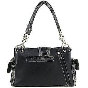 Justin West Buckle Western Floral Damask Embroidery Studs Stars Concealed Carry Handbag Purse (Black Purse Wallet Set)