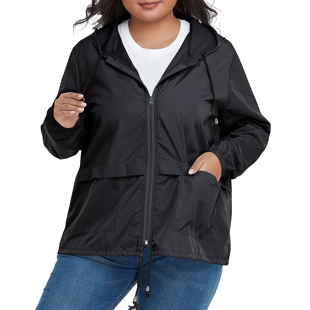 American Trends Plus Size Women Rain Coats Lightweight Waterproof Outdoor Rain Jacket Hooded Packable Windbreaker Jacket for Women A Black 3XL