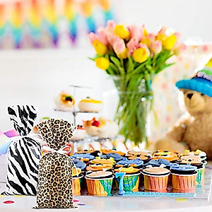 100 Pieces Leopard and Zebra Print Cellophane Bags Animal Print Party Supplies Bags Sealable Treat Bags with a Roll of White Ribbon for Chocolate Candy Snacks Cookies Zoo or Jungle Party