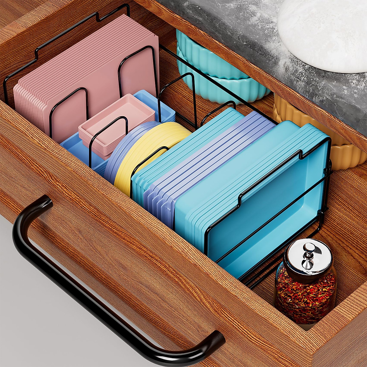 GAGUIUP Food Container Lid Organizer, Large Capacity Adjustable 4 Dividers Detachable Lid Organizer Rack for Kitchen Cabinets, Drawers, Plastic Lid Organizer For Pantry Shelves, Cupboards, Black
