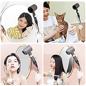 Adjustable Hands Free Hair Dryer Holder Stand - 360 Degree Rotation Blow Dryer Rack for Hair Drying, Universal Modern Wall Mounted Hair Dryer Bracket, White