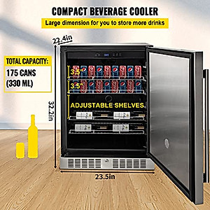 VEVOR 24" Undercounter, 5.3 cu.ft. Compact Stainless Steel， Built-in Beverage Refrigerator,Mini Beer Fridge for Home Bar Office Outdoor, Silver