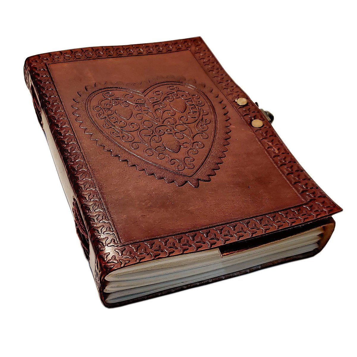 cuero Vintage Heart Embossed Leather Journal/Instagram Photo Album (Handmade Paper) - Coptic Bound with Lock Closure - Heart Journal (Brown)