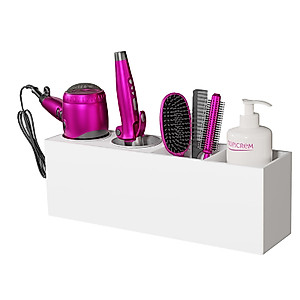 Extended Wall Mount Hair Tool Organizer, Acrylic Hair Dryer Holder with 2 Stainless Steel Cup, Bathroom Accessories Storage for Blow Dryer, Curling Wand (16 inch)