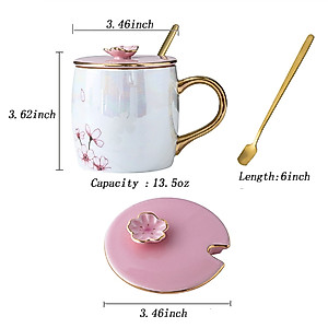 KEYIGOU 13.5oz Cherry Blossom Ceramic Mug with Lid Gold Spoon Pretty Tea Cup Coffee Mugs for Women Unique Sakura Gifts
