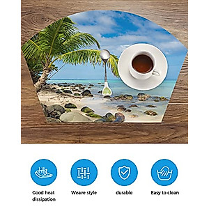 Placemats Set of 5,Palm Tree Beach Sea Cloud Blue Sky Island Reef Stone Indoor Outdoor PVC Weave Place Mats Wipeable Dining Table Placemats Heat Insulation Table Mats