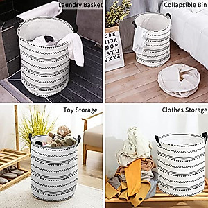 Laundry Basket,Bohemian Black Stripe Triangle Geometry White Back Waterproof Clothes Hampers with Handle,Ethnic Chic Geometric Large Collapsible Storage Bag for Bedroom Bathroom 16.5x17In