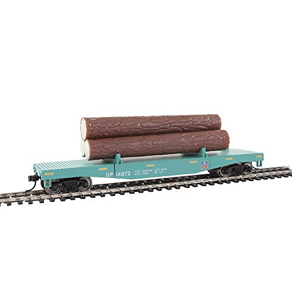 Walthers Trainline HO Scale Model Log Dump Car with 3 Logs - Union Pacific #14972 (Mow Scheme, Green, Yellow Conspicuity Marks)