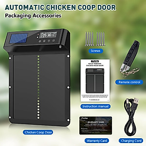 Profey Solar Powered Automatic Chicken Coop Door, LCD Display, 4 Modes, Waterproof, Aluminum Alloy, Remote Control, AA Battery Operated, 9.2x10.7x9.2 inches