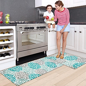 FRAMICS Boho Kitchen Rugs Sets of 2 Bohemian Teal Kitchen Rugs Non Slip Washable PVC Waterproof Kitchen Floor Mat Cushioned Anti Fatigue Kitchen Mats for Floor, 17" x 30" + 17" x 47"