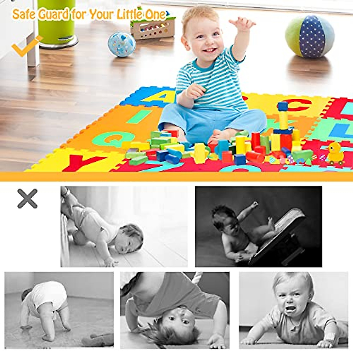 Costzon 72 Pieces Baby Play Mat w/Fence, Baby 0.4'' Thick EVA Baby Crawling Mat w/Detachable Numbers, Waterproof Soft Playmat for Toddler Infants (72 Pieces, Alphabet + Numbers)
