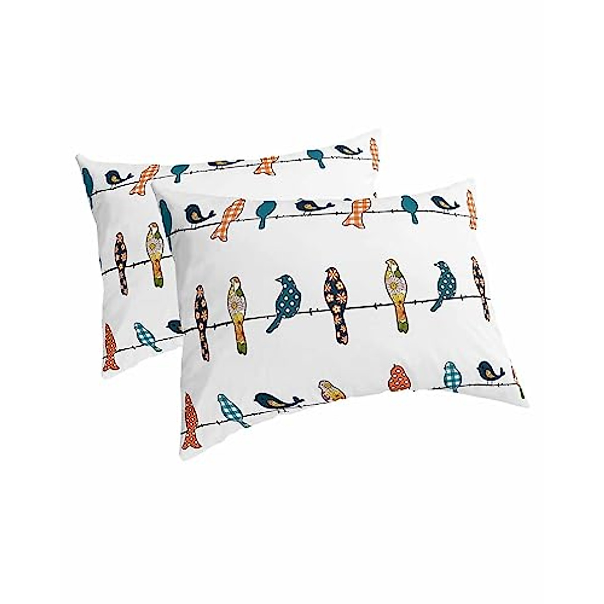 Edwiinsa Orange Teal Plaid Pillow Covers Standard Size Set of 2 20x26 Bed Pillow, Rustic Turquoise Spring Floral Birds Plush Soft Comfort for Hair/Skin Cooling Pillowcases with Envelop Closure