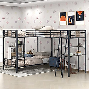 Merax Metal L-Shaped Twin Over Twin Bunk Bed with a Twin-Size Loft Bed Attached, Triple Bunk Bed with Desk and Shelf for Teens, Adults, Black and Brown Wood