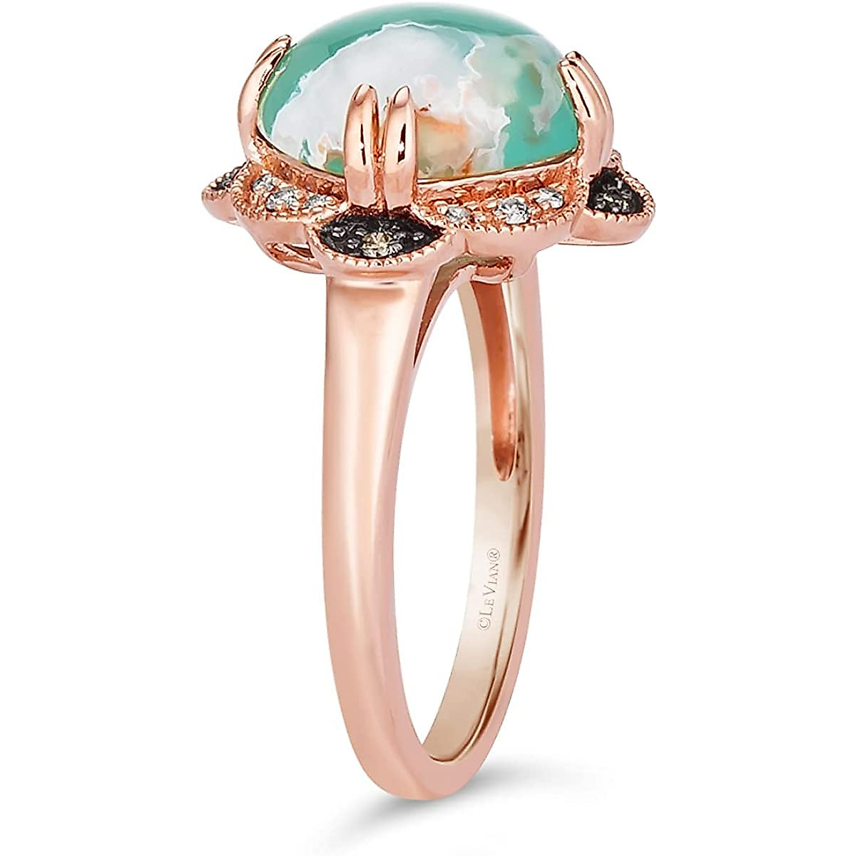 LE VIAN 3 1/4 Carat Cushion Shaped Green Aquaprase Cabochon White Topaz and Smoky Quartz Milgrain Flower Statement Ring for Women in 14k Rose Gold Plated 925 Sterling Silver Promise Ring Size 10