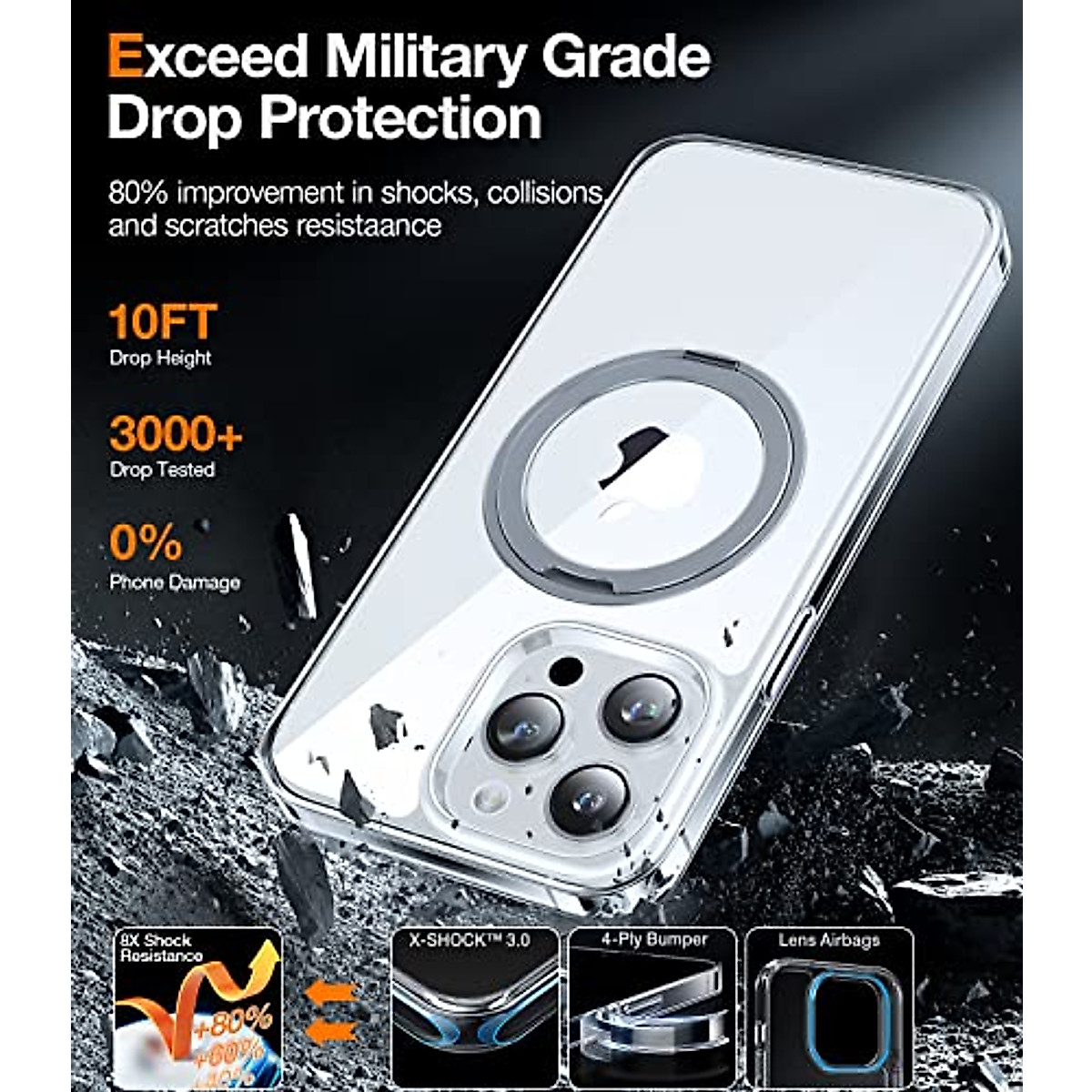 TORRAS 360° Rotatable Magnetic Stand for iPhone 14 Pro Case Clear [8X Military Grade Protection] [Compatatible with MagSafe] Not Yellowing Slim thin Shockproof case for iPhone 14 Pro Phone Case, Clear