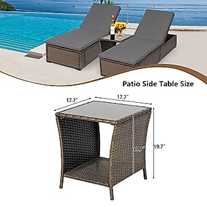 kinbor Outdoor Patio Side Table - Wicker PE Rattan Patio Table, Square Coffee Table with Glass Top and Storage, Outdoor Side/End Table for Deck Pool Garden Lawn Porch (Dark Blonde)