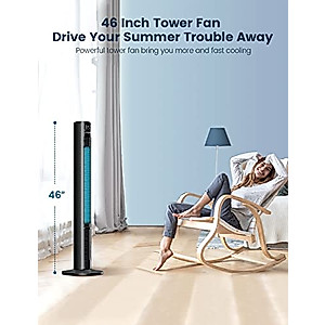 Tower Fan, 46" Oscillating Powerful Bladeless Floor Fan with remote, Quiet Cooling Fan with 4 Speeds and Modes, Built-in 12H Timer LED Display, Portable Stand Fan for Home Bedroom and office Use