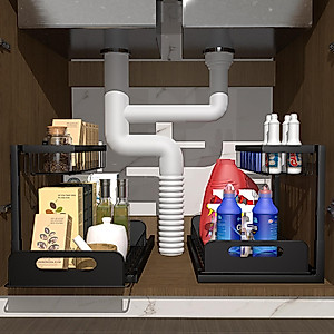 waoory Under Sink Organizer,2 Tier Pull Out L-Shape Cabinet Organizer Sink Shelf Cabinet Storage Shelves Multi-Purpose Sink Organizer for Bathroom Kitchen Drawer,Sturdy Metal,Black