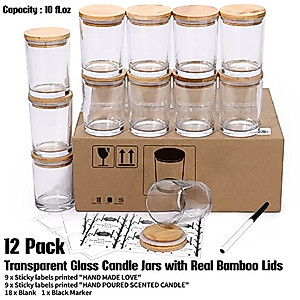 Aminigram 12 Pack, 10 OZ Clear Candle Jars with Bamboo Lids, Empty Glass Candle Jars for Making Candles, Morden Kitchen Bathroom Small Things Container - Bonus 36 Sticky Labels
