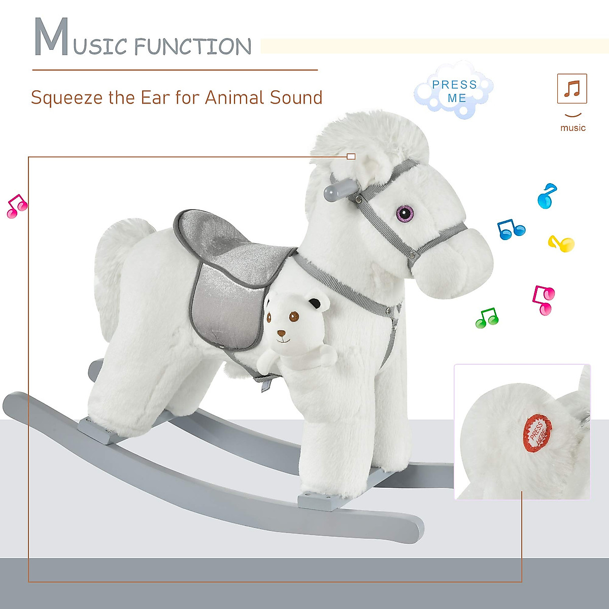 Qaba Kids Plush Ride-On Rocking Horse with Bear Toy, Children Chair with Soft Plush Toy & Fun Realistic Sounds, White
