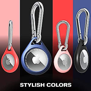 Vena Protective Silicone Case Compatible with Apple Airtag (4 Packs), Anti-Rust Aluminum Alloy Carabiner Perfect for Keychain, Pet Collar, Backpack, Luggage (Black, Red, Blue & Pink)