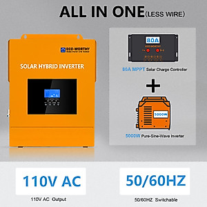 ECO-WORTHY 5000W Solar Hybrid Inverter with Remote Monitoring, 48VDC-120VAC Pure-sine-Wave Inverter & 80A MPPT Solar Controller Suitable for 48V Lead Acid/Lithium Batteries for Off-Gird/Home/Shed