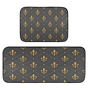 Gold Fleur De Lis Kitchen Mats Kitchen Rugs Runner Laundry Rug Non Slip Floor Door Mats Soft Doormats Carpet Home Decor Set of 2