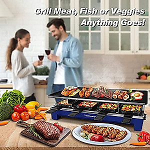 Raclette Grill, Techwood Electric Table Indoor Grill Korean BBQ Grill, Removable 2-in-1 Non-Stick Grill Plate, 1500W Fast Heating with 8 Cheese Melt Pans, Ideal for Parties and Family Fun (Blue)