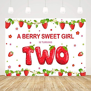MEHOFOND 7x5ft Sweet Strawberry Theme 2nd Birthday Party Decoration Backdrop for Berry Sweet Girl Two Year Old Photography Background Cake Table Gift Table Photo Props Banner Supplies