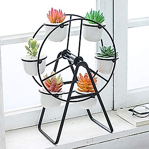 JUXYES Ferris Wheel Planter Succulent Plant Stand with 6 Flower Pot, Succulent Plant Bonsai Holder Ceramic Succulent Planter Pot Display Stand Rack for Home Office Decor (Black)