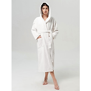 SIORO Terry Cloth Robes for Women Hooded Full Length Bathrobe Towel Cotton Fur Night Gown Spa Hotel Shower Bath Cozy Sleepwear, White Medium