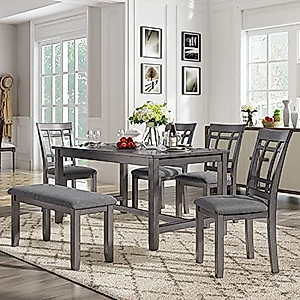 Harper & Bright Designs 6 Piece Wooden Dining Table Set,Kitchen Table Set with 4 Upholstered Chairs and Bench,Farmhouse Rustic Style Dining Room Table Set,Antique Graywash+Linen