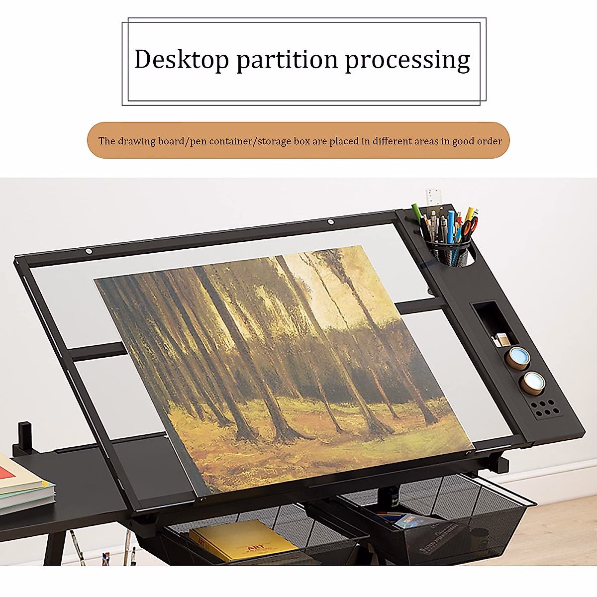 Drafting Desk, Glass Drafting Table Art Desk with Stool, Height Adjustable Drawing Desk Art Table for Artists, Upgraded Tiltable Tabletop Art Craft Desk Painting Work Station for Reading Writing Draw