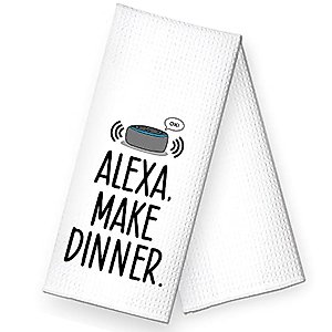 RZHV Alexa, Make Dinner Kitchen Towel, Funny Speakers Dish Towel Gift for Women Sisters Friends Mom Aunty Hostess Music Lover, Housewarming New Home, Dish Towel with Sayings