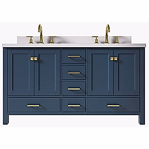 ARIEL Double Bathroom Vanity 61" Inch in Midnight Blue with Pure White Quartz Countertop, Oval Sinks, 4 Soft Closing Doors and 6 Full Extension Dovetail Drawers, No Mirror