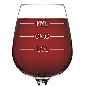 LOL-OMG-FML Funny Wine Glass - Wine Gifts for Women, Mom - Unique Gag Gift for Friends, Sister, Wife - Cool Bday, Birthday Present Idea from Him, Husband - Fun Novelty White Elephant Gift