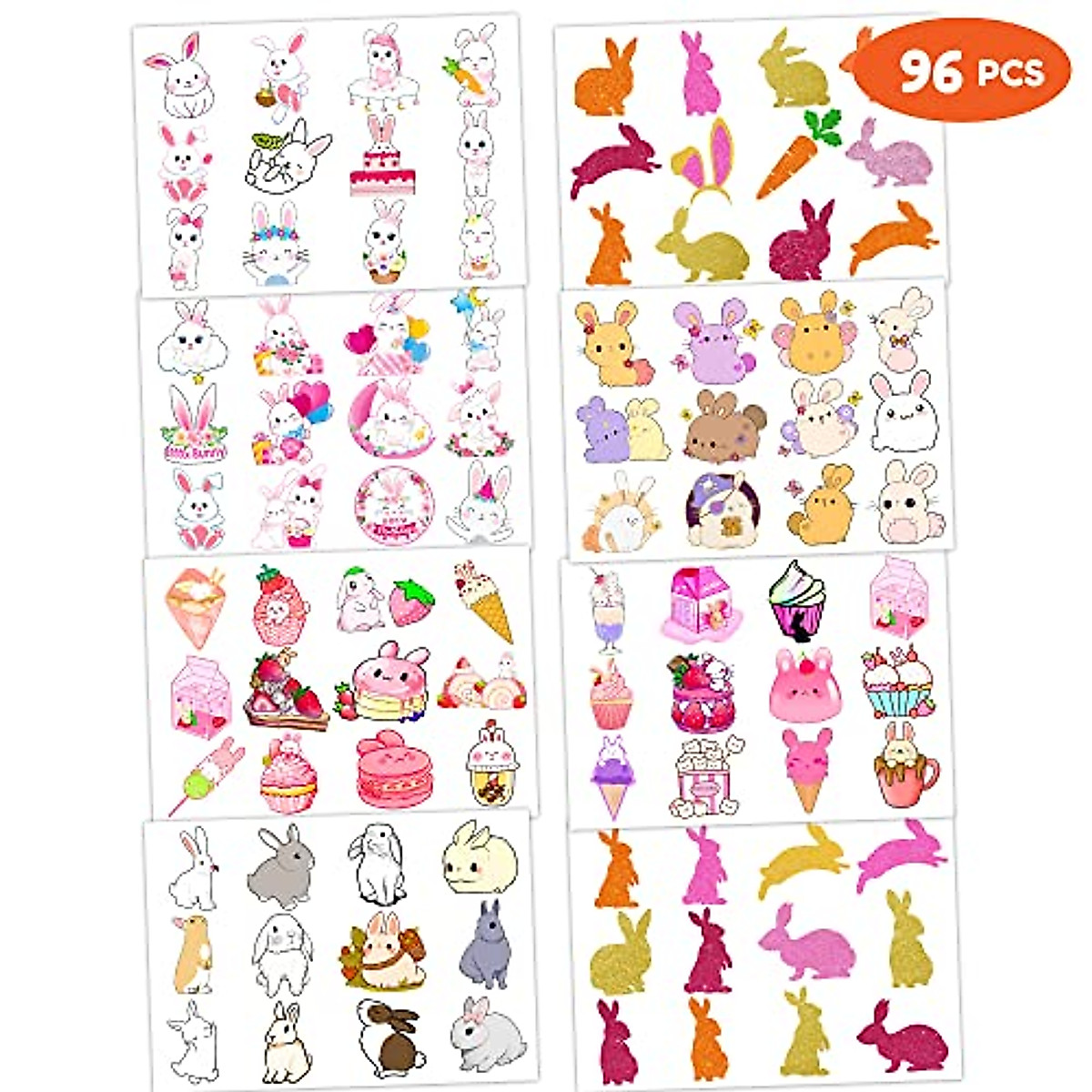8 Sheets (96PCS) Bunny Tattoo Stickers Themed Birthday Party Supplies Decorations Favors Decor For Kids Girls Boys Gifts Classroom School Prizes Rewards