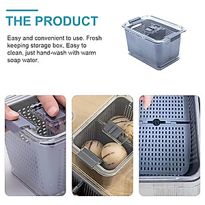 Cabilock Vegetable Fruit Storage Containers, Fresh Draining Basket, Box Refrigerator Crisper Fruit Fresh Containers Dual-Layer Food Storage Bin with Breathable Valve for Fridge, Dark Grey