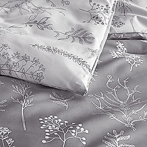 Bedsure Queen Comforter Set - Grey Comforter, Cute Floral Bedding Comforter Sets, 3 Pieces, 1 Soft Reversible Botanical Flowers Comforter and 2 Pillow Shams
