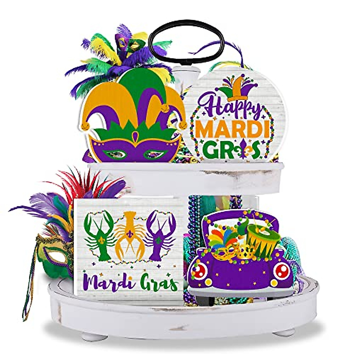 4 PCS Mardi Gras Tiered Tray Decor (Tray Not Included) - Mardi Gras Wooden Sign Decorations Crown Mask Truck Wood Table Signs New Orleans Carnival Holiday Masquerade Party Decor for Home Kitchen