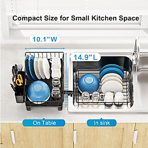 GSlife Dish Drying Rack, Small Dish Rack with Tray Compact Dish Drainer for Kitchen Counter Cabinet, Black