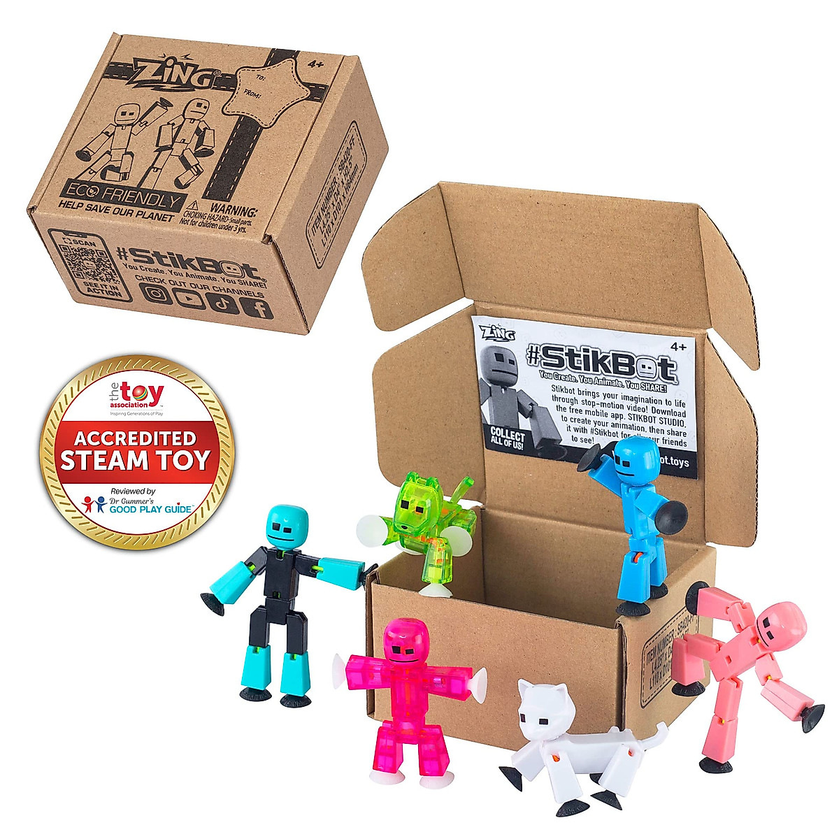 Zing Stikbot Family Pack, Set of 6 Stikbot Collectable Action Figures, Includes 2 Stikbots, 2 Junior Stikbots, 1 Dog, and 1 Cat, Stop Motion Animation - in Eco-Friendly Packaging