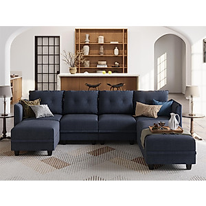 LLappuil Modular Sectional Sofa with Storage U Shaped Couch with Reversible Chaise Luxury Velvet Sofas for Living Room 4 Seats with 3 Ottomans Denim Blue