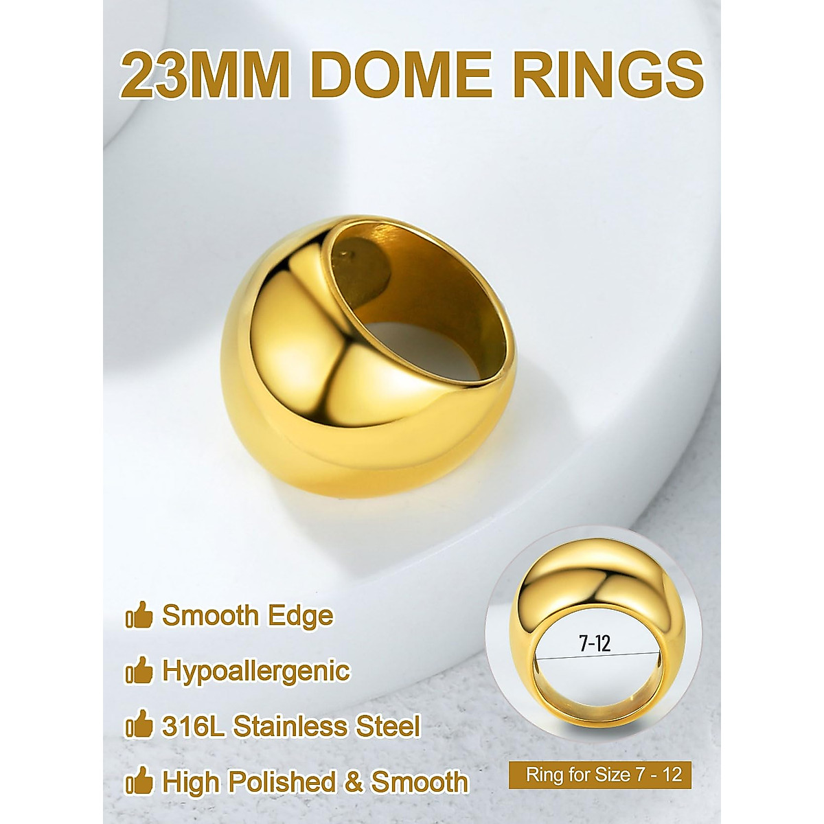 GOLDCHIC JEWELRY Gold Statement Ring for Women, 23mm Oversized Chunky Dome Rings Thick Cocktail Rings Size 7