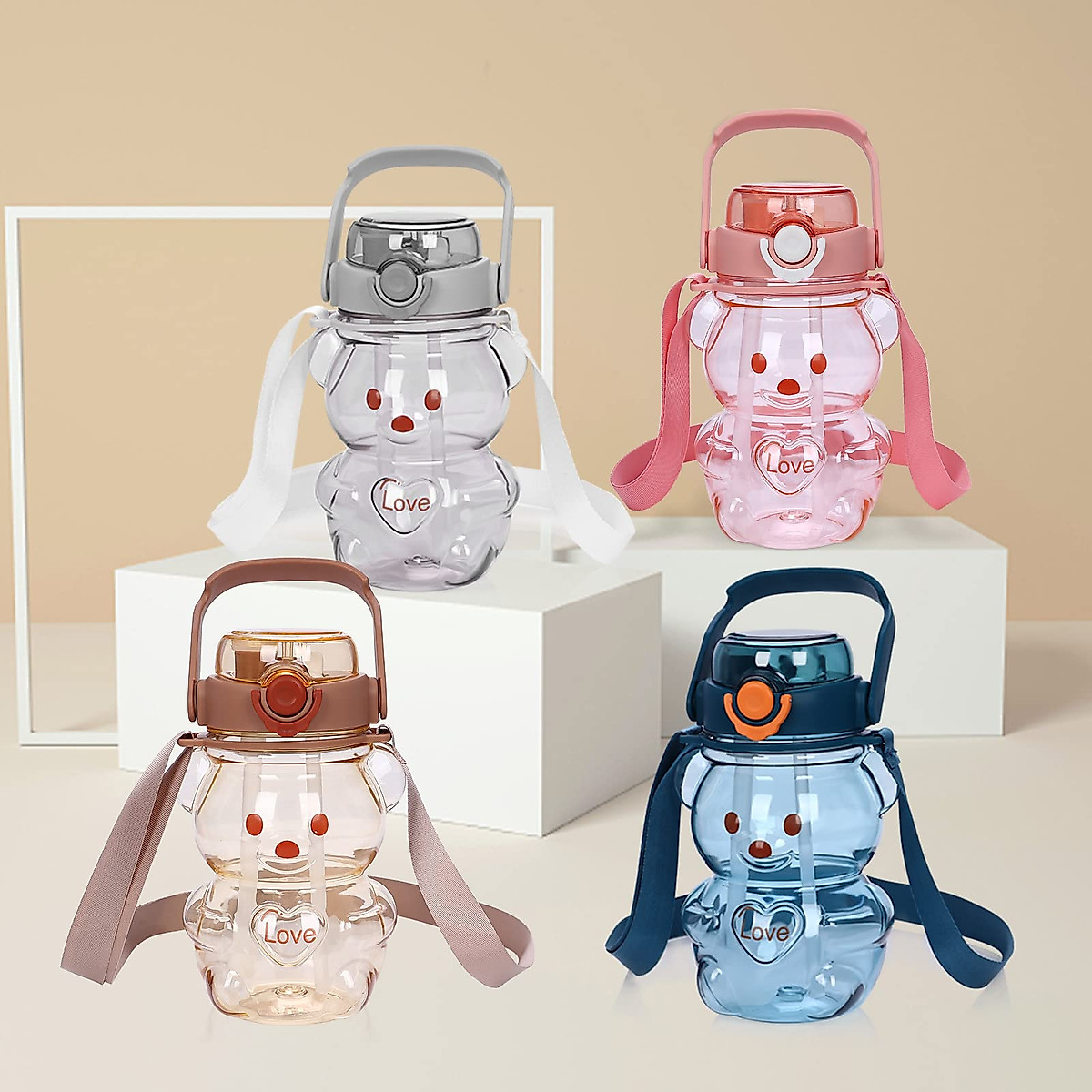 Kawaii Bear Straw Water Bottles Love Large Water Cups Strap for Kids Girls Gifts School Sports Daily Life Milk Tea Juice Travel Drinking Bottled Water Cute Portable Leakproof (Green)