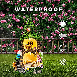 Ovewios Fairy House Statues Outdoor Decor, Large Garden Gnome House Figurines with Solar Lights Waterproof Resin Outdoor Statues for Patio Yard Lawn Decorations