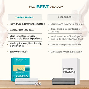 THREAD SPREAD 100% Egyptian Cotton Pillow Cases - 800 Thread Count Pillow Cases Queen/Standard Size Set of 2, Soft & Breathable Extra Long Staple Sateen Weave Cotton Pillow Covers for Bed - Silver